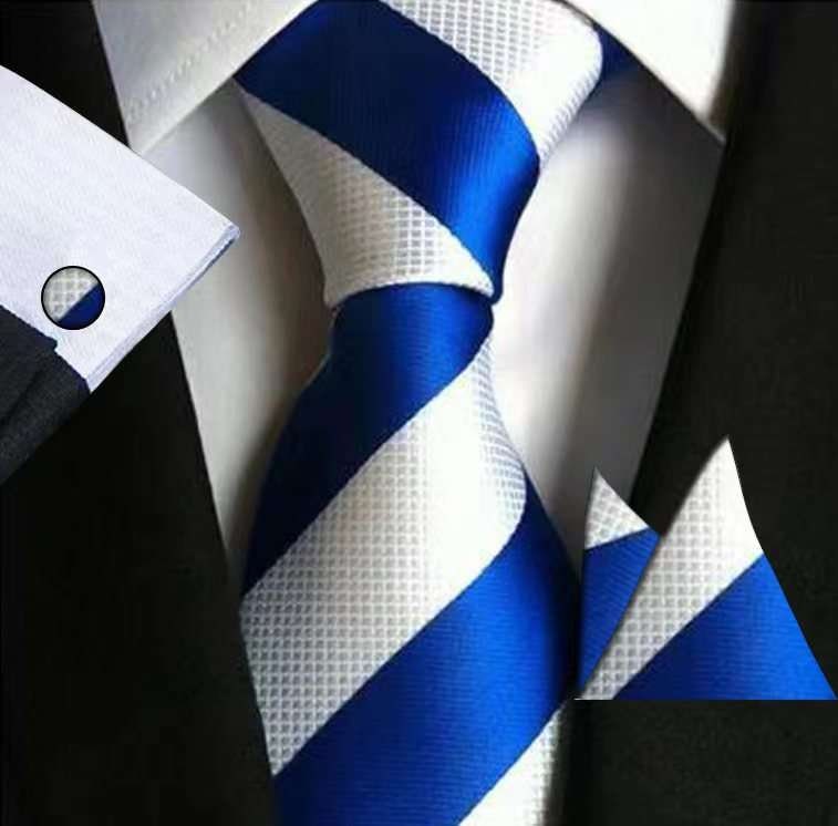 Royal Blue & White stripe Necktie Set with Hanky and Cufflinks - Etsy