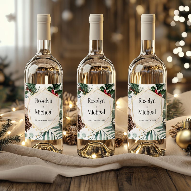 Winter Wedding Wine Bottle Label Template: Berries & Pine (instant ...