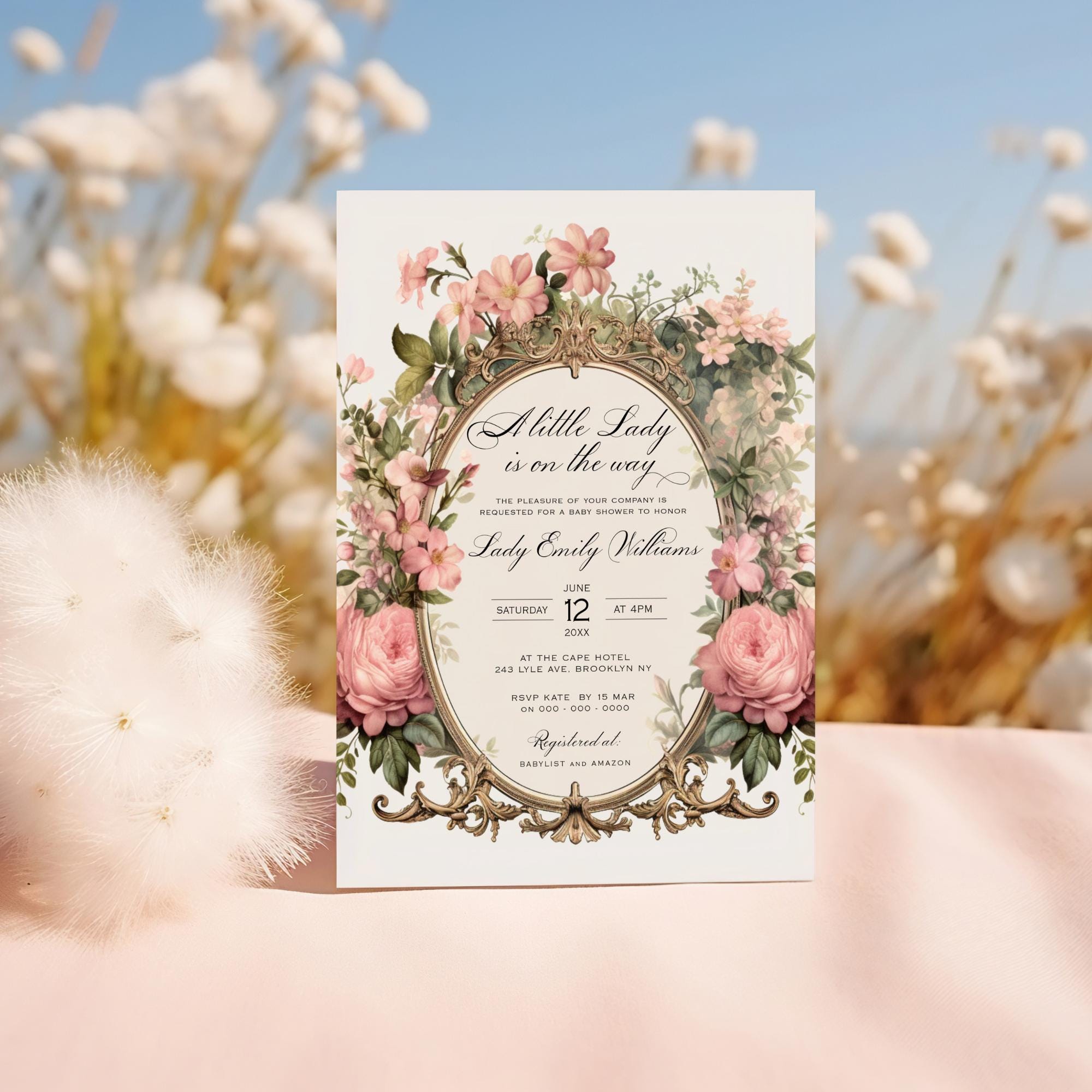 ANN - Regency Pink Floral Girl Baby Shower Invitation Template ...