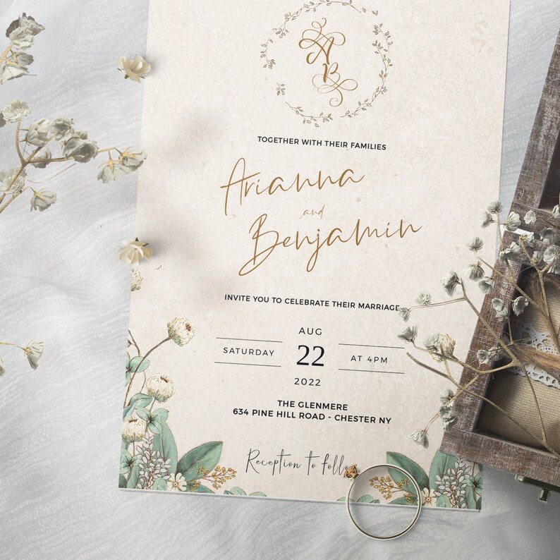 EMMA Monogram Botanical Wedding Invitation Set,faux Gold,whimsical ...