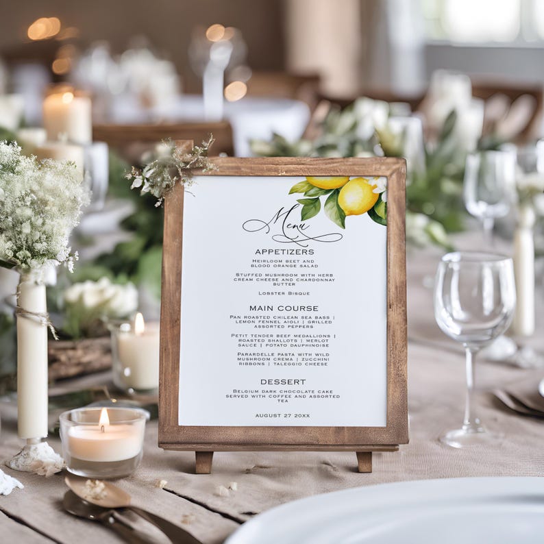 Mediterranean Lemon Italian Wedding Menu Card Template, Instant ...