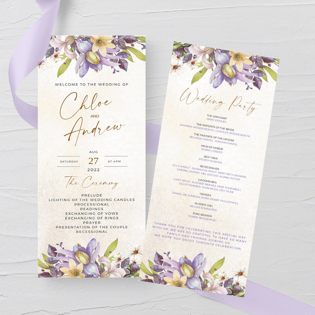 VERA Spring Wedding Program Template, Order of Events, Lilac, Lavender ...