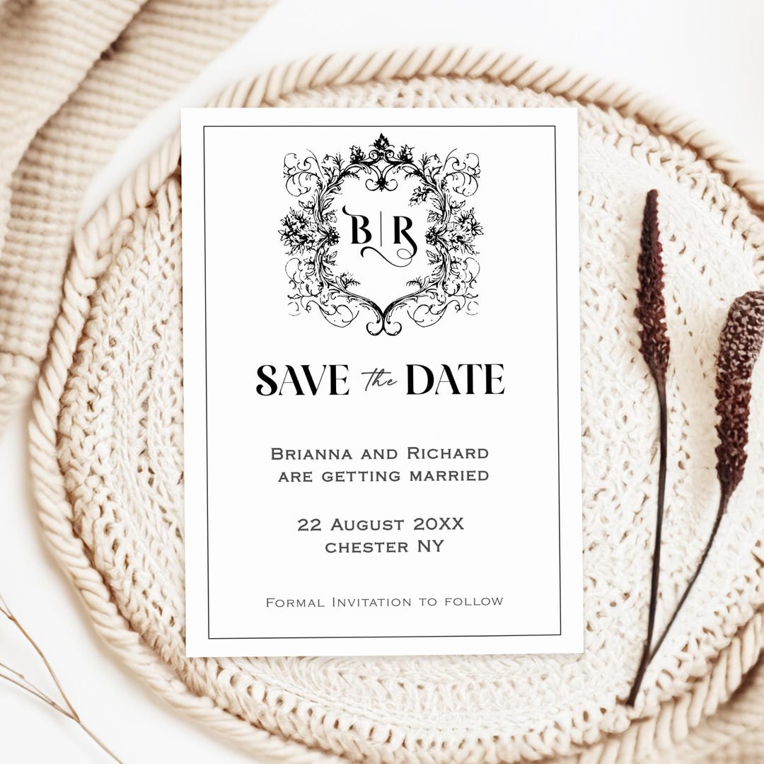 Modern Crest Save the Date Template: Minimalist Calligraphy Wedding ...