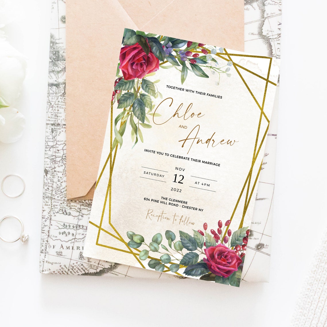 RITA Red Roses Wedding Invitation Set, Geometric, Romantic, Red and ...