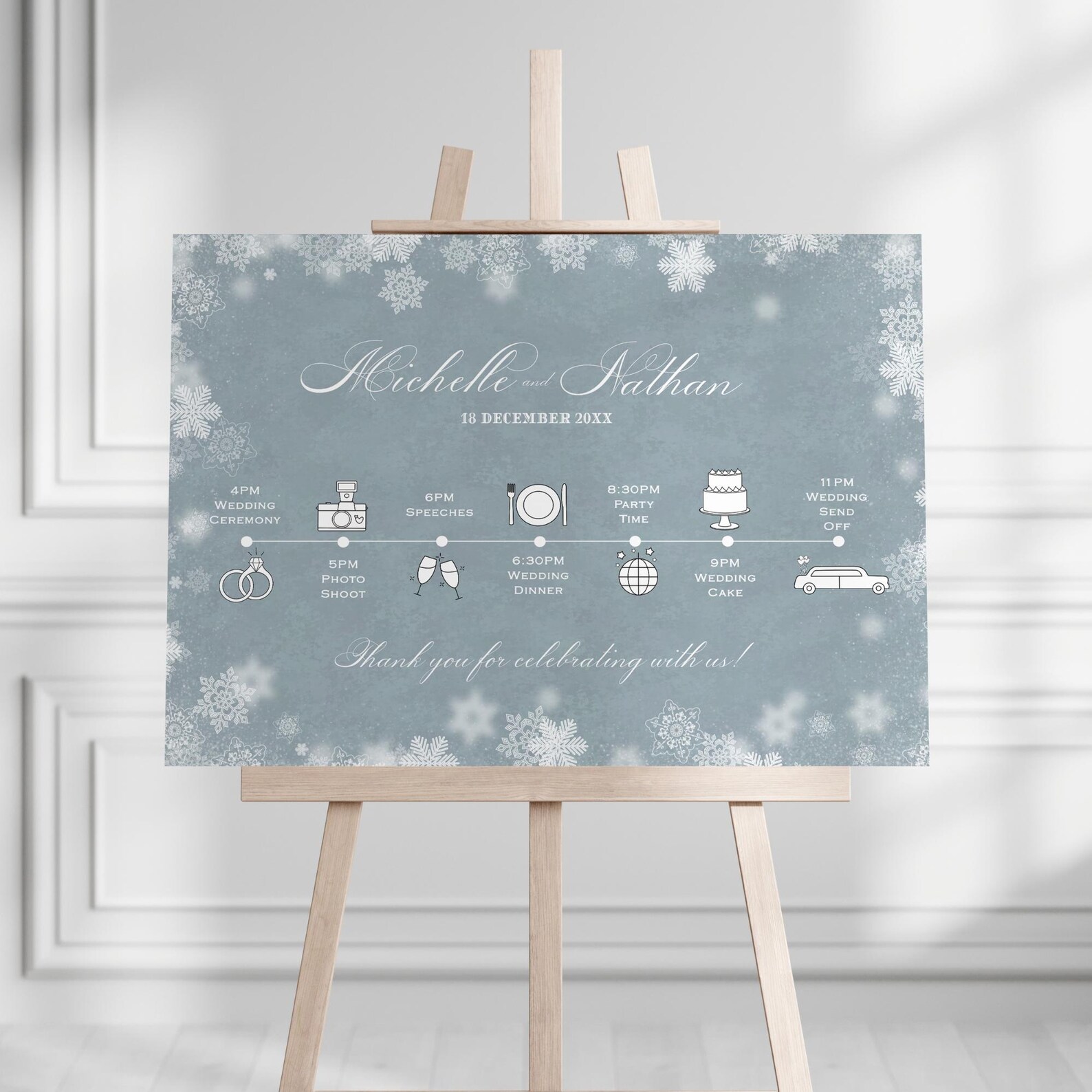NORA - Snowflake Wedding Timeline Sign Template | Icy Blue Winter ...