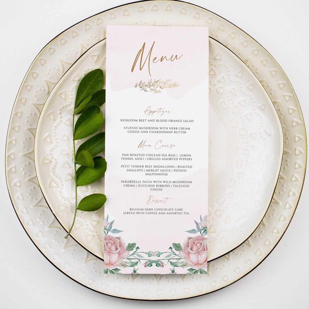 Blush Floral Wedding Menu Template: Romantic Rose Design (instant ...