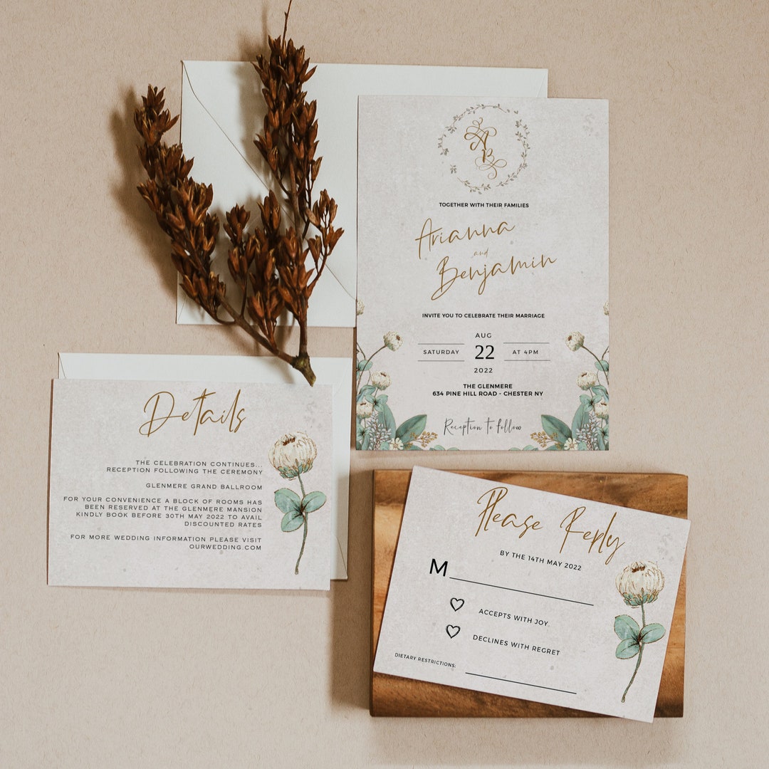 EMMA - Monogram Botanical Wedding Invitations Set, Gold Floral Invite ...