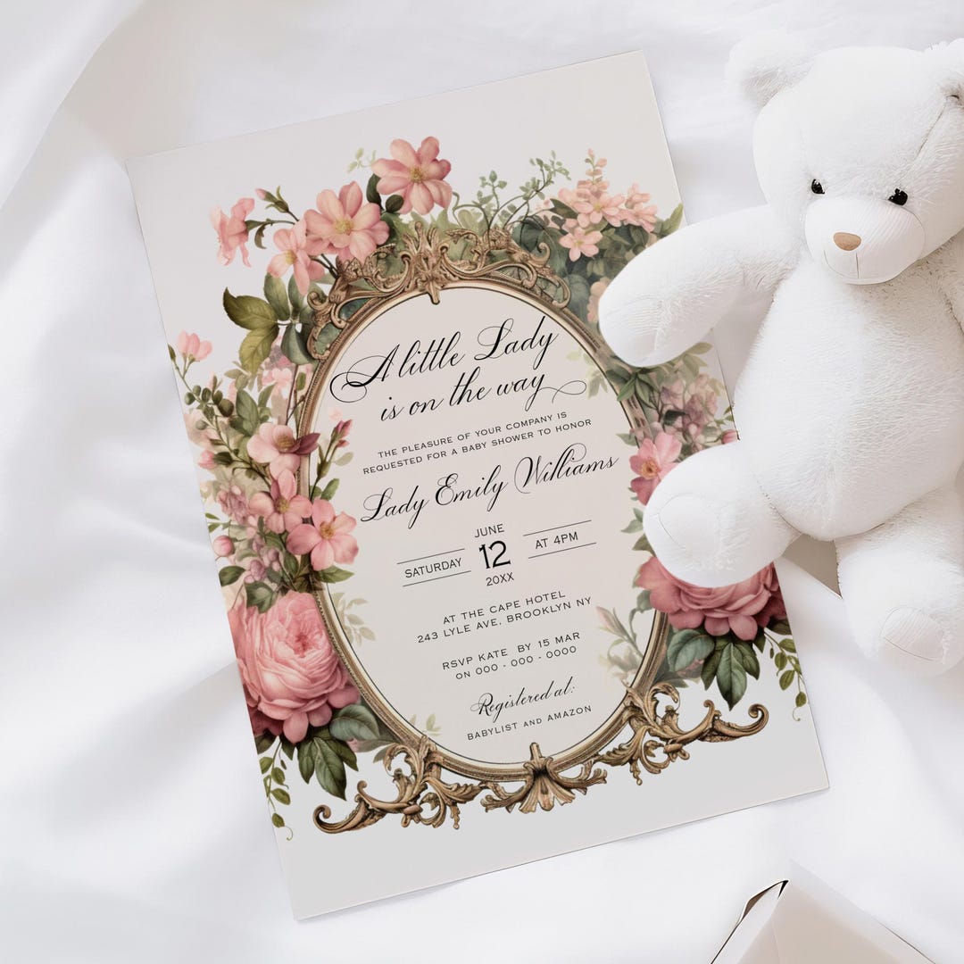 ANN - Regency Pink Floral Girl Baby Shower Invitation Template ...