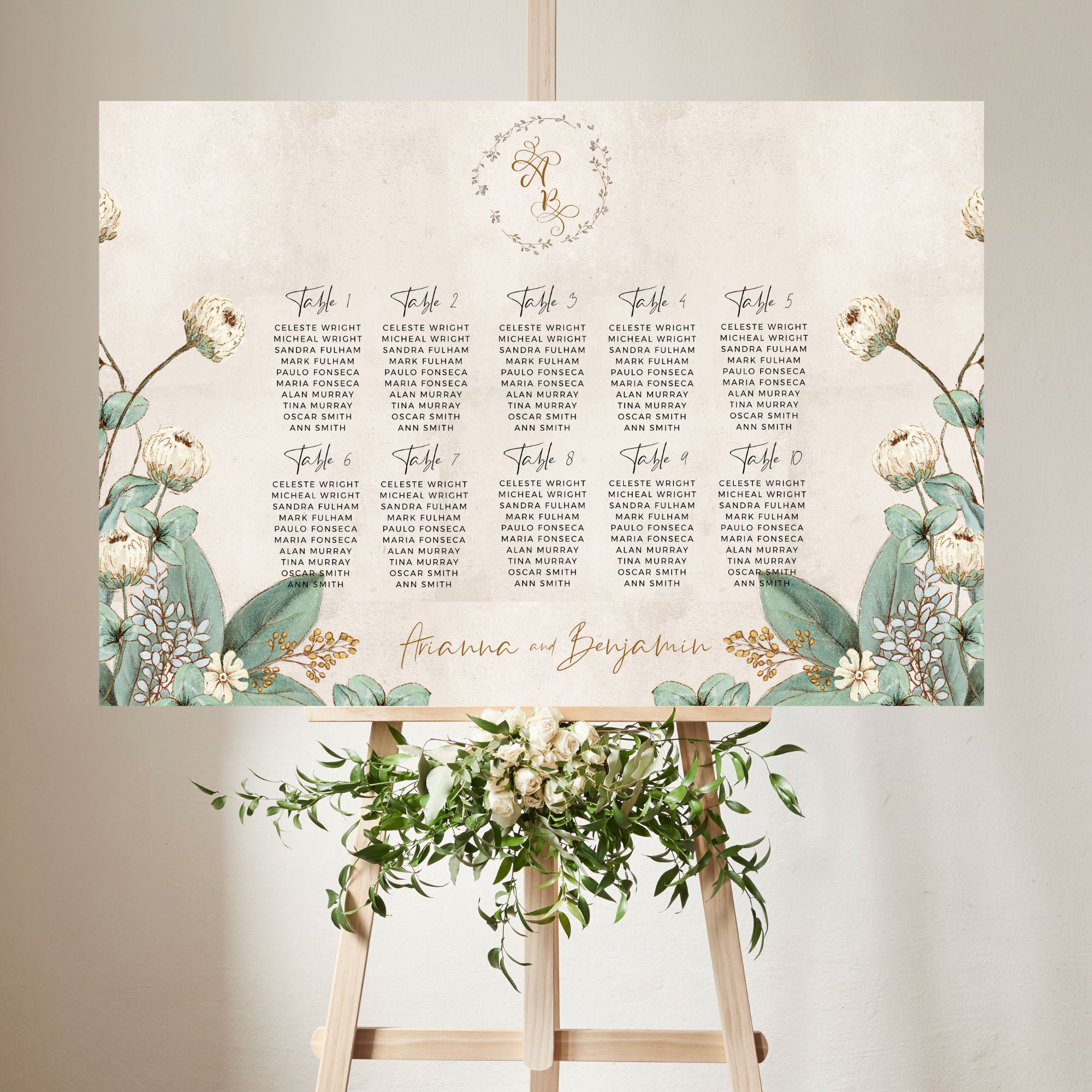 EMMA - Monogram Botanical Wedding Seating Chart, Faux Gold, Whimsical ...