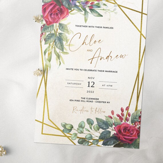RITA Red Roses Wedding Invitation Set Geometric Romantic | Etsy