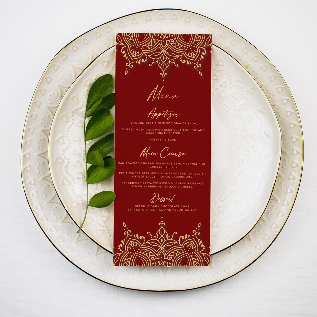 NYRA - Wedding Menu Card Template - Editable Hindu Mandala Design, Red ...