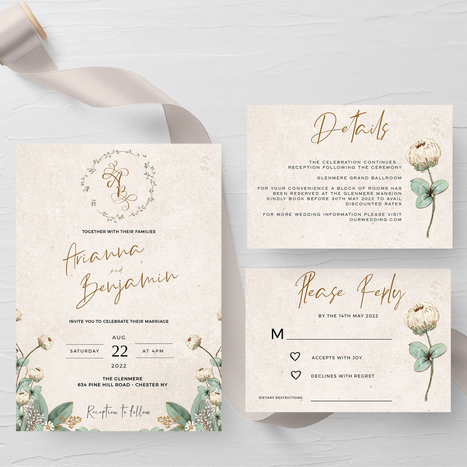 EMMA Monogram Botanical Wedding Invitation Set,faux Gold,whimsical ...