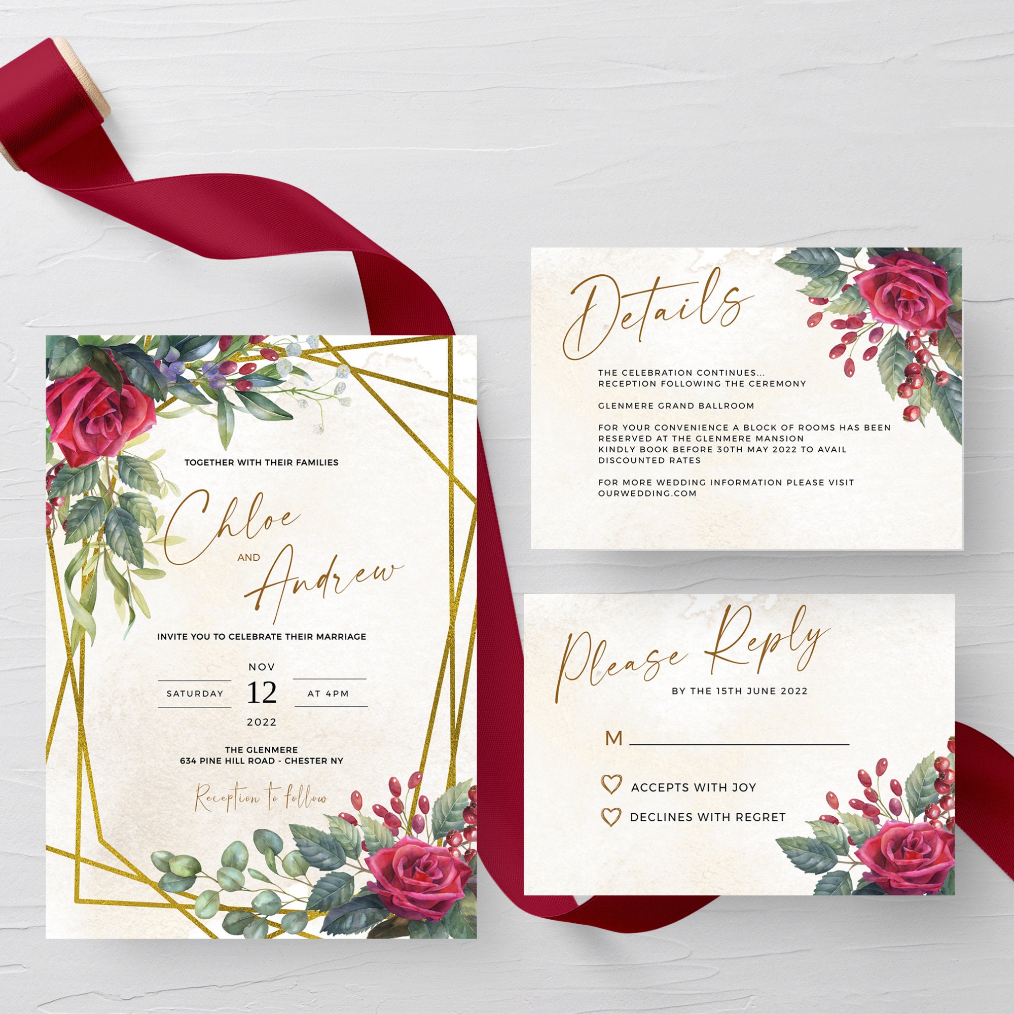 RITA Red Roses Wedding Invitation Set, Geometric, Romantic, Red and ...