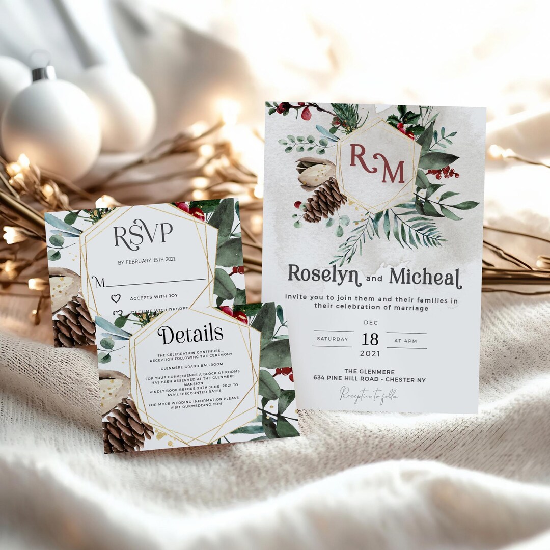 Winter Wedding Invitation Set - Editable Template, RSVP Card, Instant ...