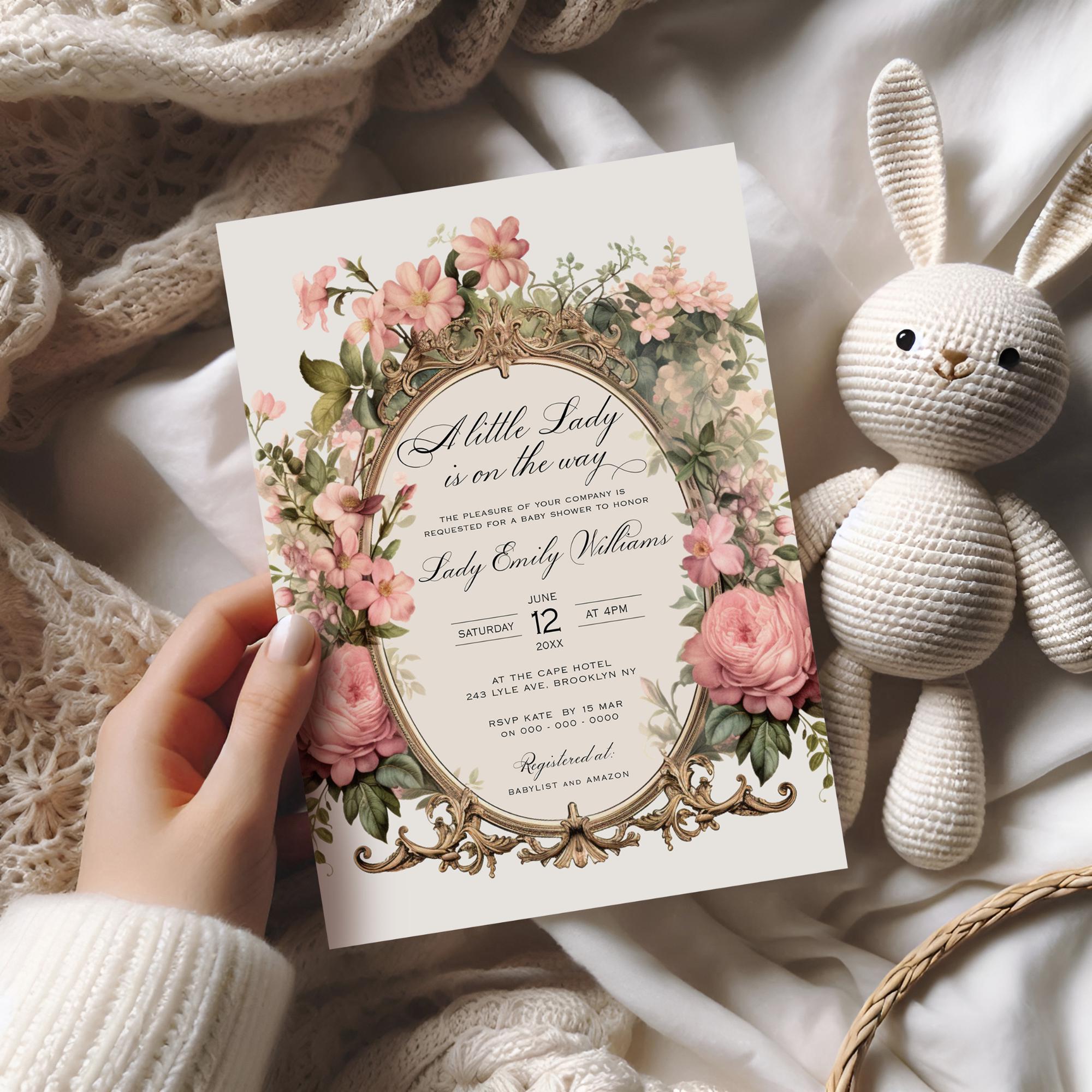 ANN - Regency Pink Floral Girl Baby Shower Invitation Template ...