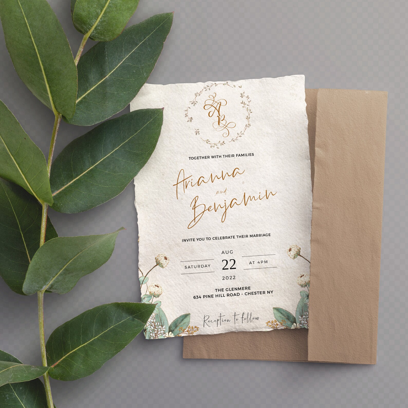 EMMA Monogram Botanical Wedding Invitation Set,faux Gold,whimsical ...