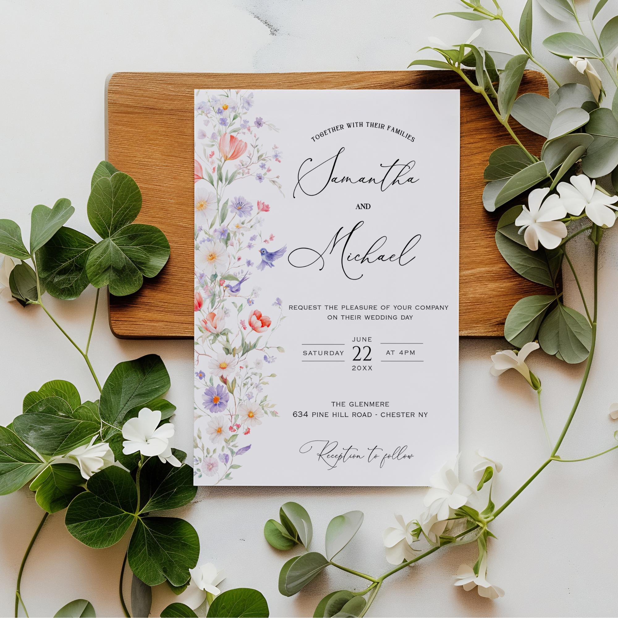 Wildflower Wedding Invitation Suite: Spring Floral, Editable Template ...