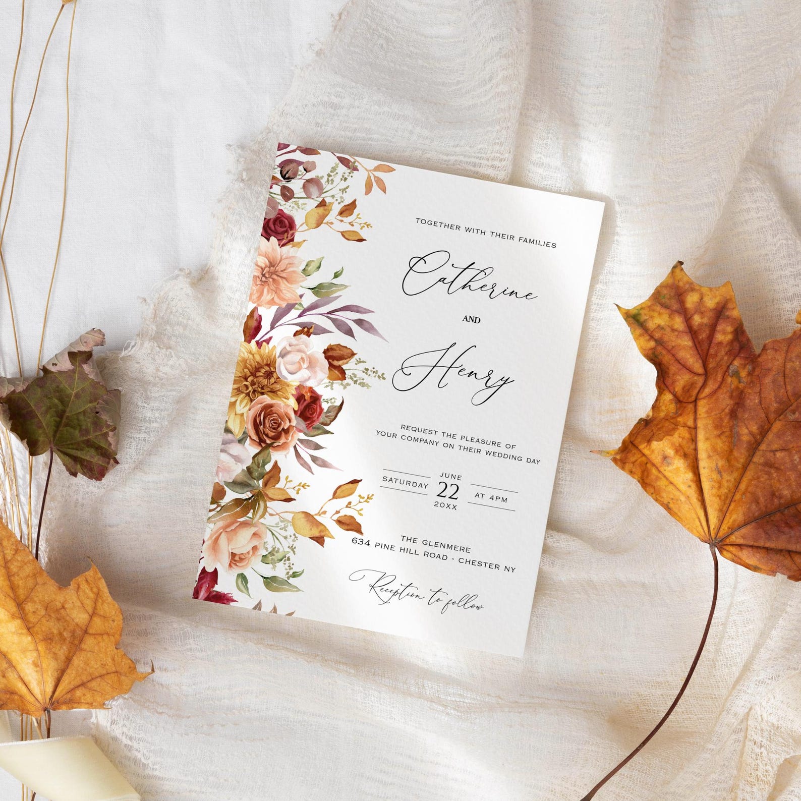 Fall Wedding Invitation Suite: Rustic Floral, QR Code RSVP (editable ...