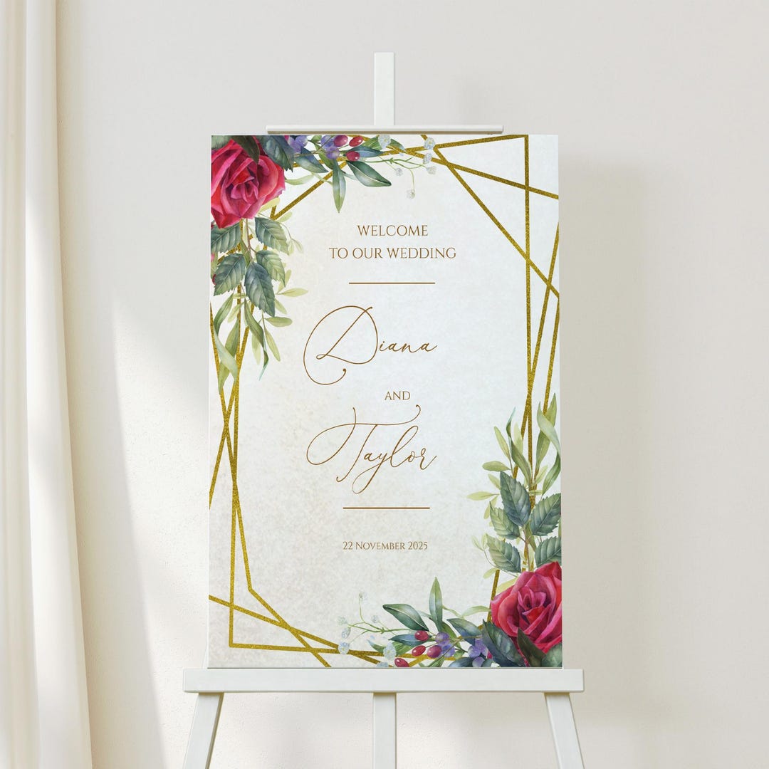 RITA Welcome Sign - Red Roses Wedding Template, Calligraphy Digital ...