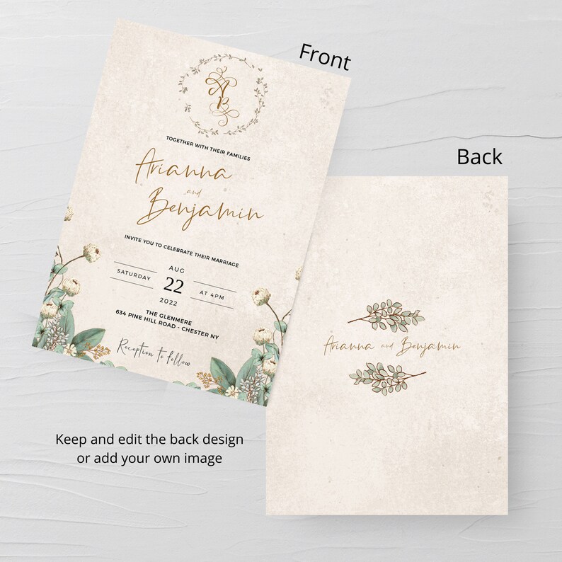 EMMA Monogram Botanical Wedding Invitation Set,faux Gold,whimsical ...