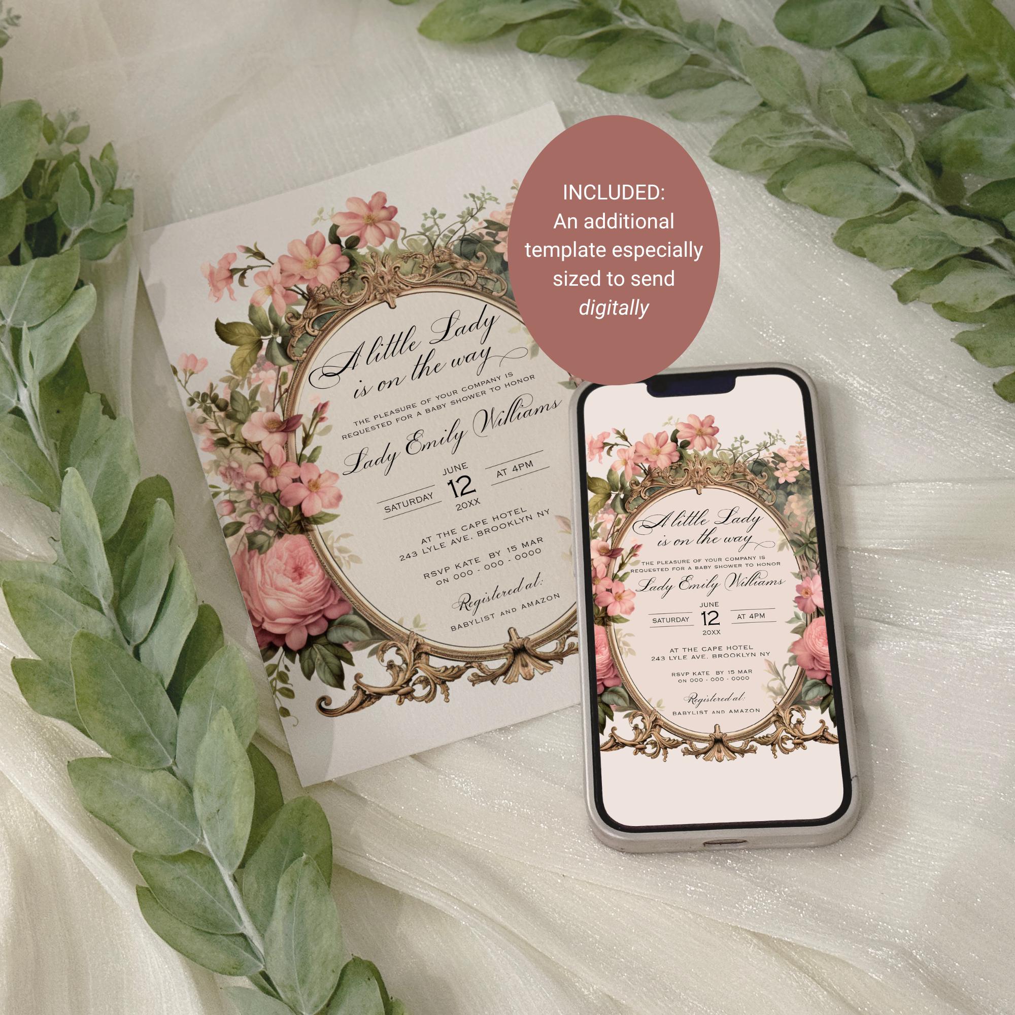 ANN - Regency Pink Floral Girl Baby Shower Invitation Template ...