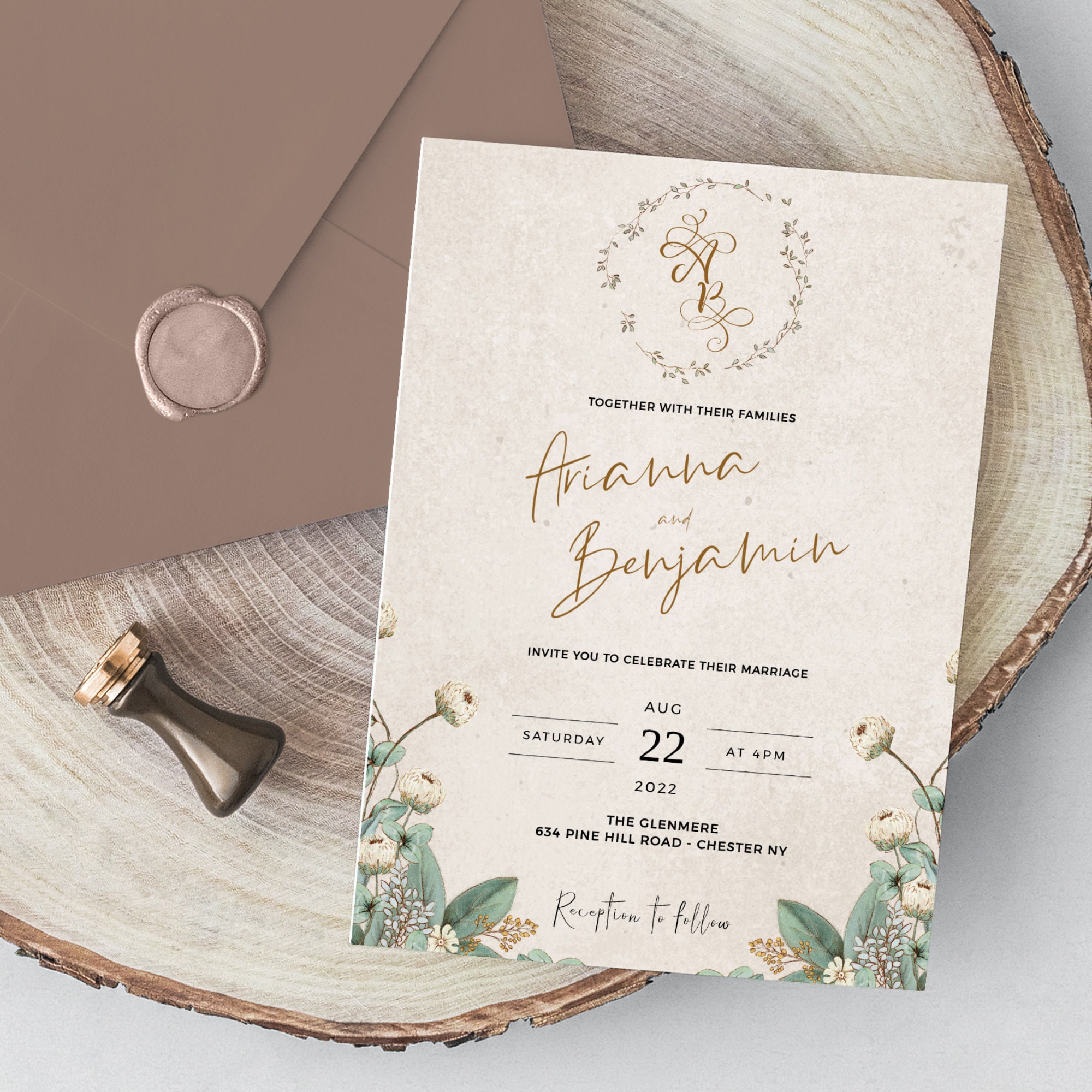 EMMA Monogram Botanical Wedding Invitation Set,faux Gold,whimsical ...