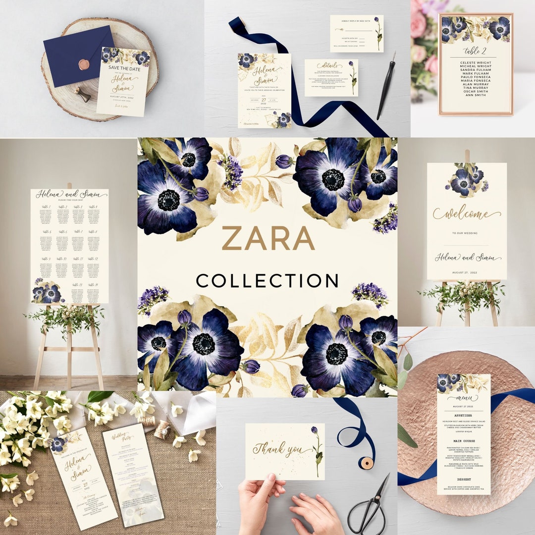 ZARA Navy and Gold Wedding Stationery Collection, Anemone, Editable ...