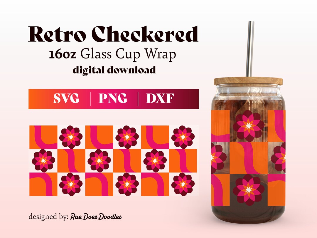 Retro Checkered Flower Pattern SVG | 16oz Glass Cup Wrap | Funky Flower ...