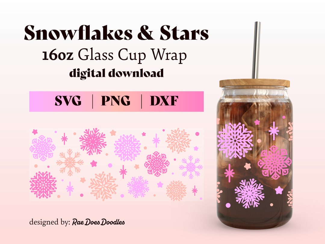 Snowflake Pattern SVG 16oz Glass Cup Wrap | Stars and Snowflakes Pastel ...