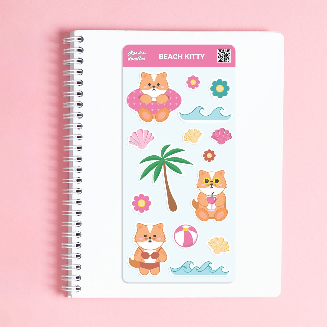 Beach Kitty Kawaii Sticker Sheet - Etsy