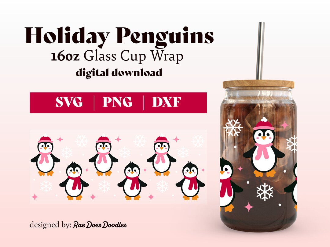 Penguins SVG Christmas 16oz Glass Cup Wrap Seamless Holiday Penguin PNG ...