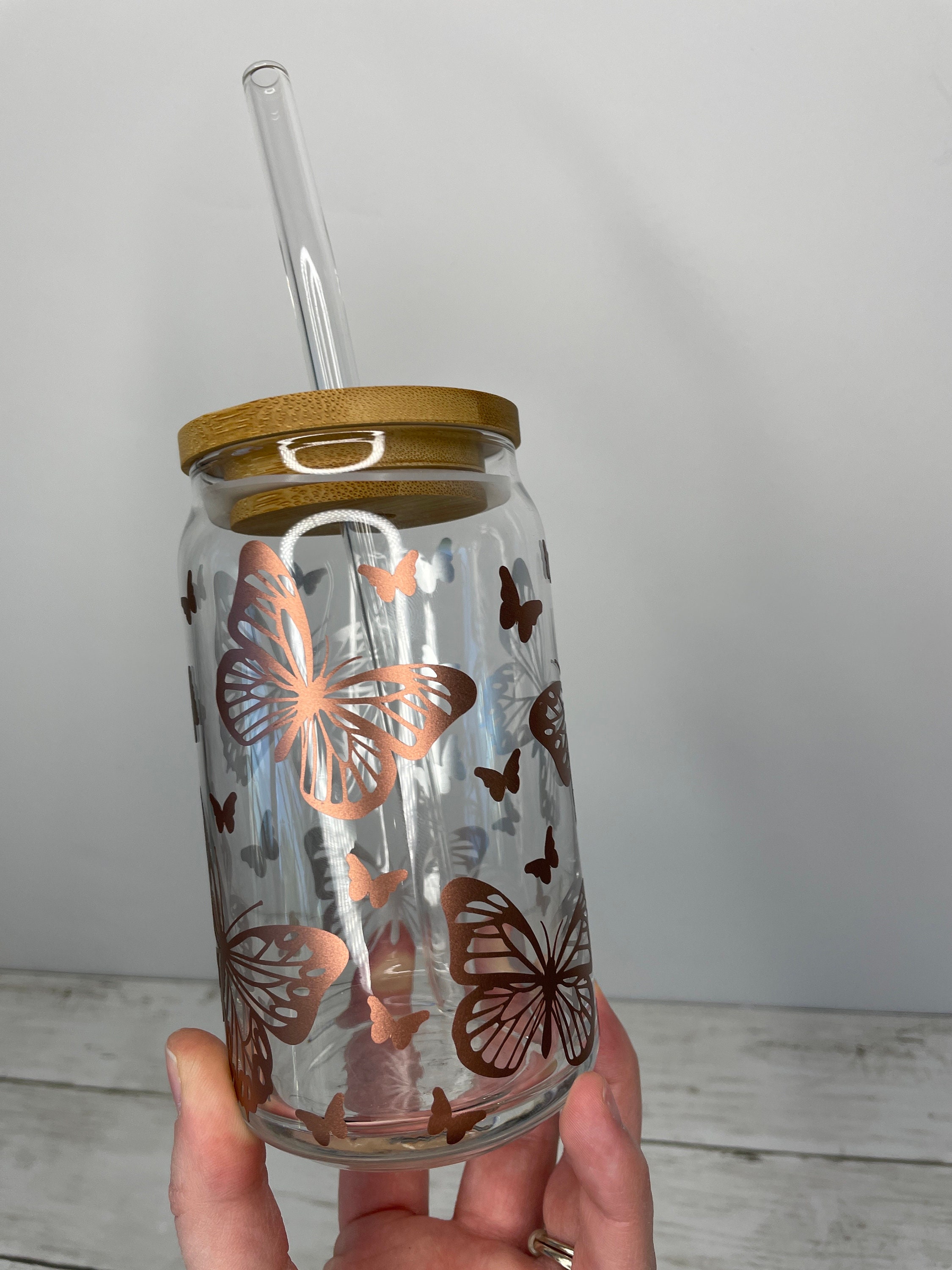 Rose Gold Butterflies Glass Can Cup With Bamboo Lid and Straw - Etsy