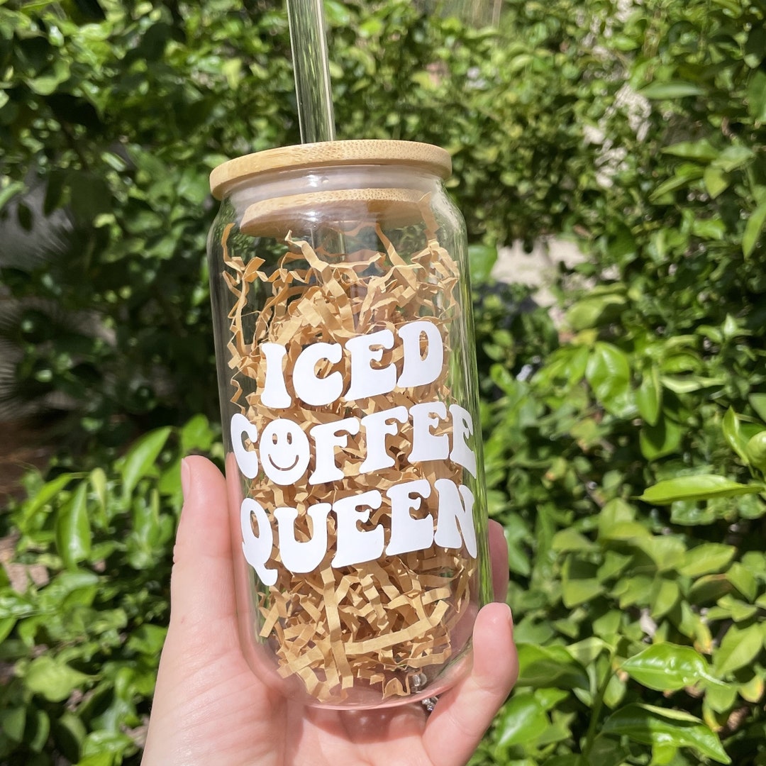 Iced Coffee Queen Glass Can Cup With Bamboo Lid and Straw Retro Smiley Face Libbey Style Glass ...