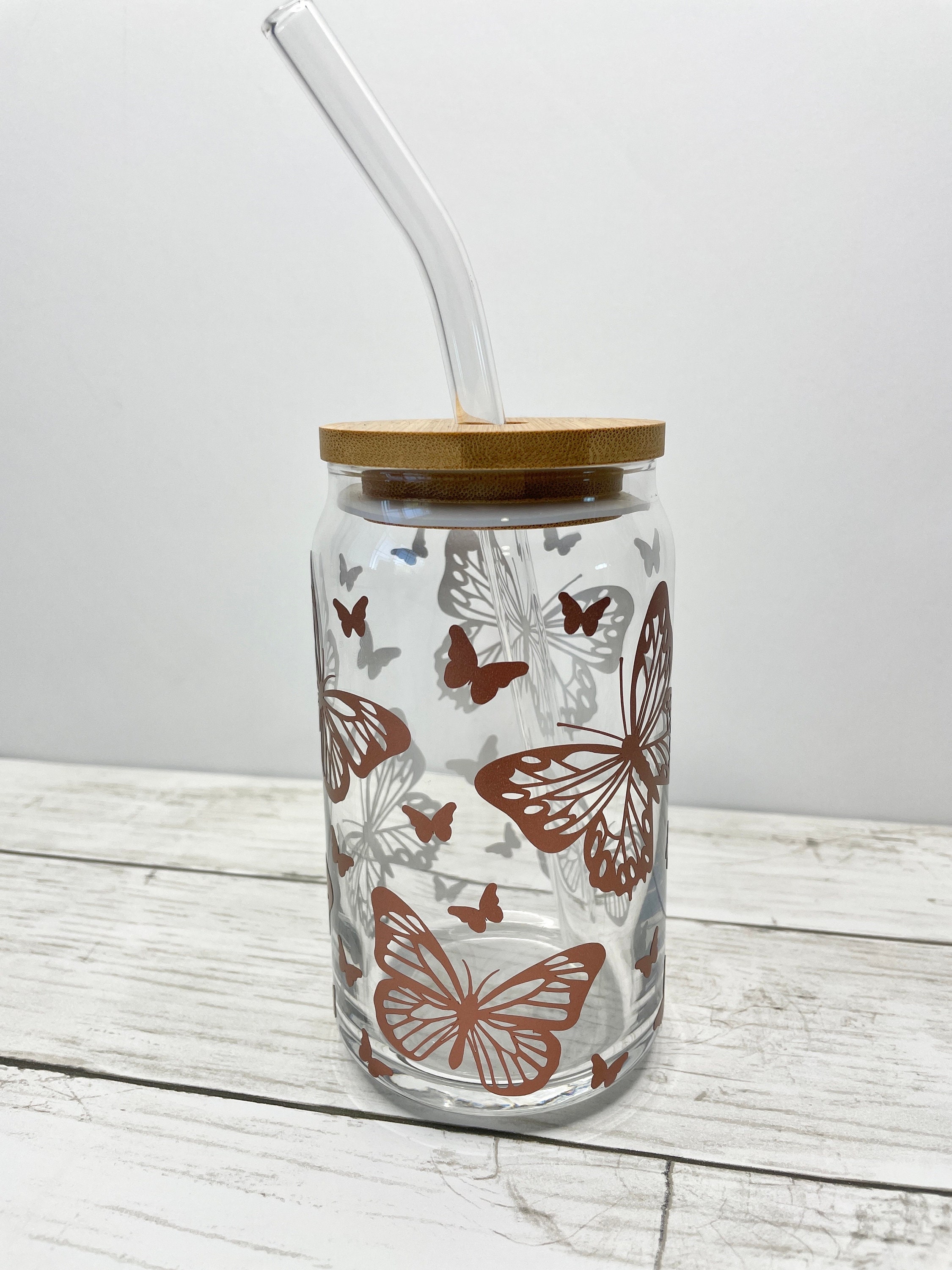 Rose Gold Butterflies Glass Can Cup With Bamboo Lid and Straw - Etsy