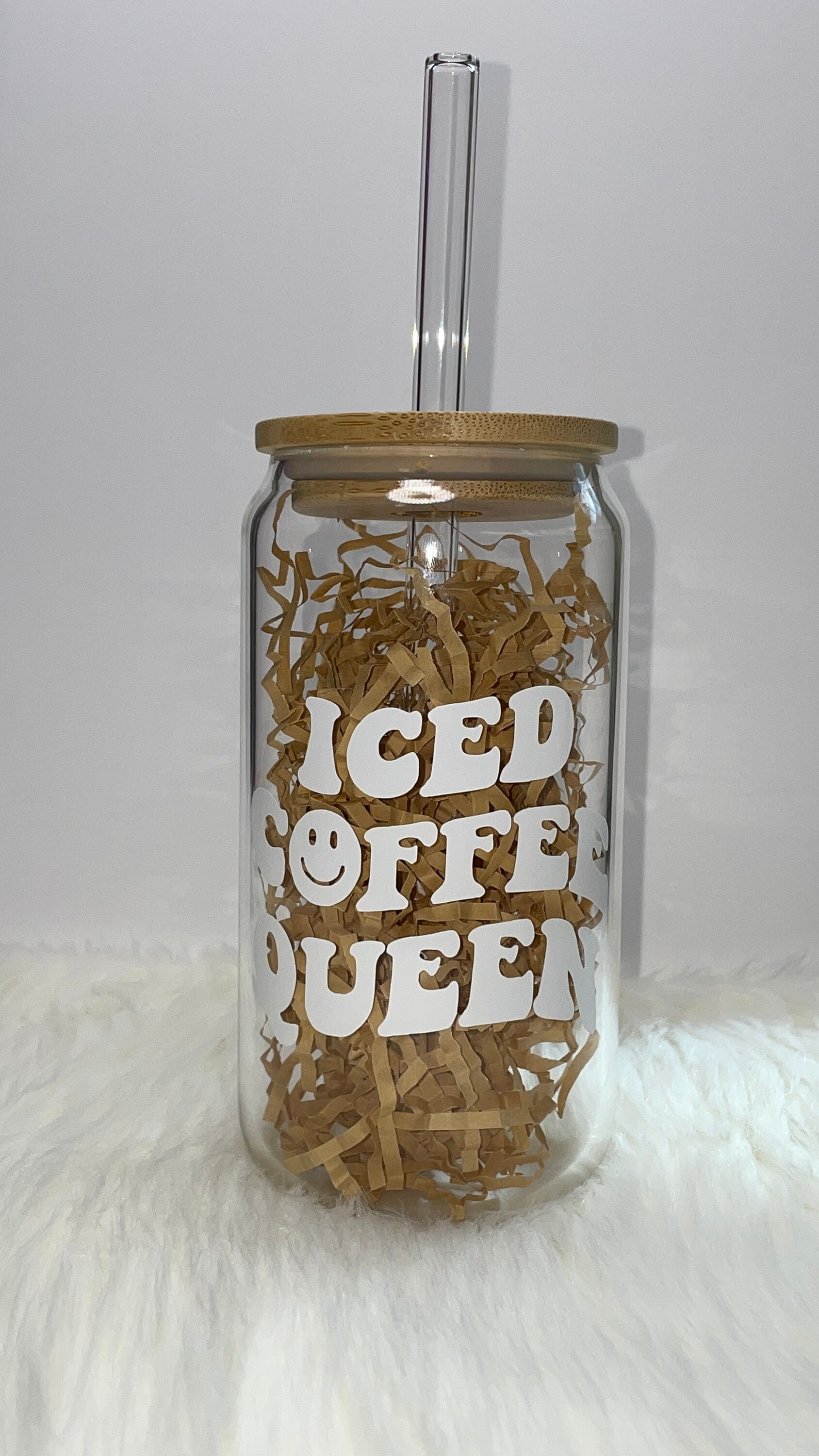 Iced Coffee Queen Glass Can Cup With Bamboo Lid and Straw Retro Smiley Face Libbey Style Glass ...