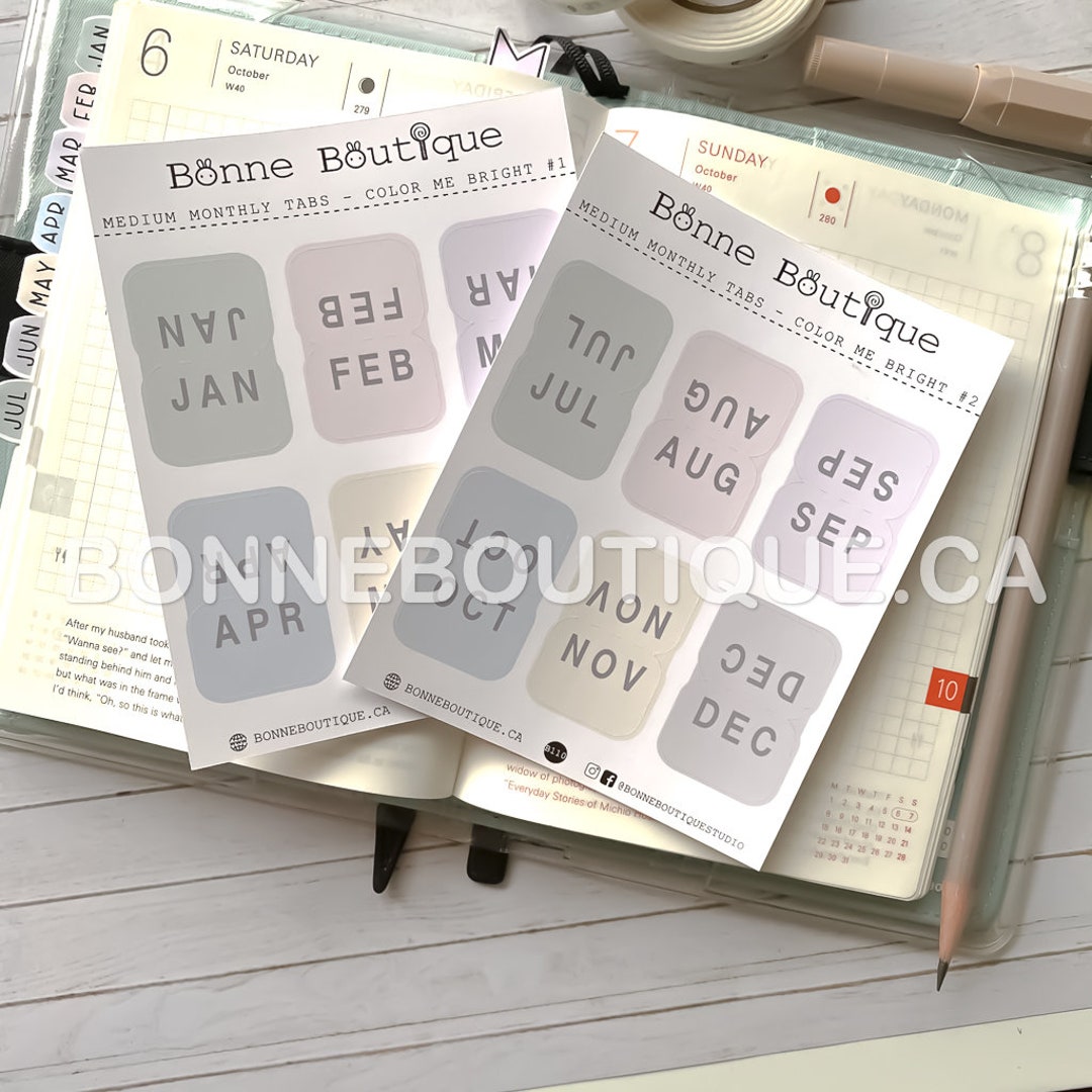 MEDIUM Sized Tabs 1" Wide - January to December Monthly Tabs Hobonichi ...