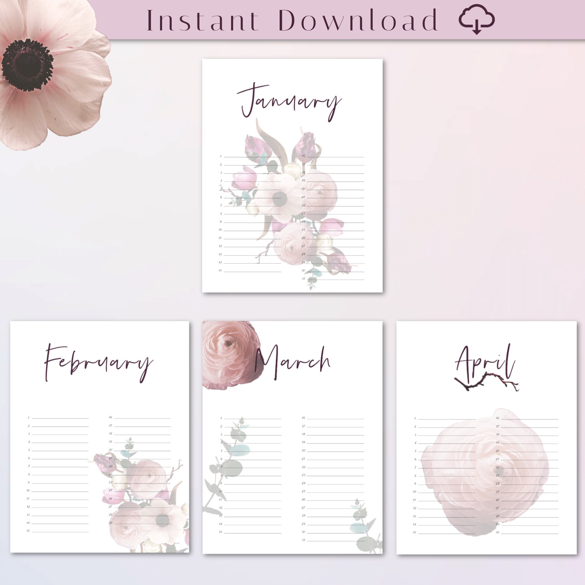 PRINTABLE Calendar, Printable Pink Floral Calendar, Flower Design, Wall ...
