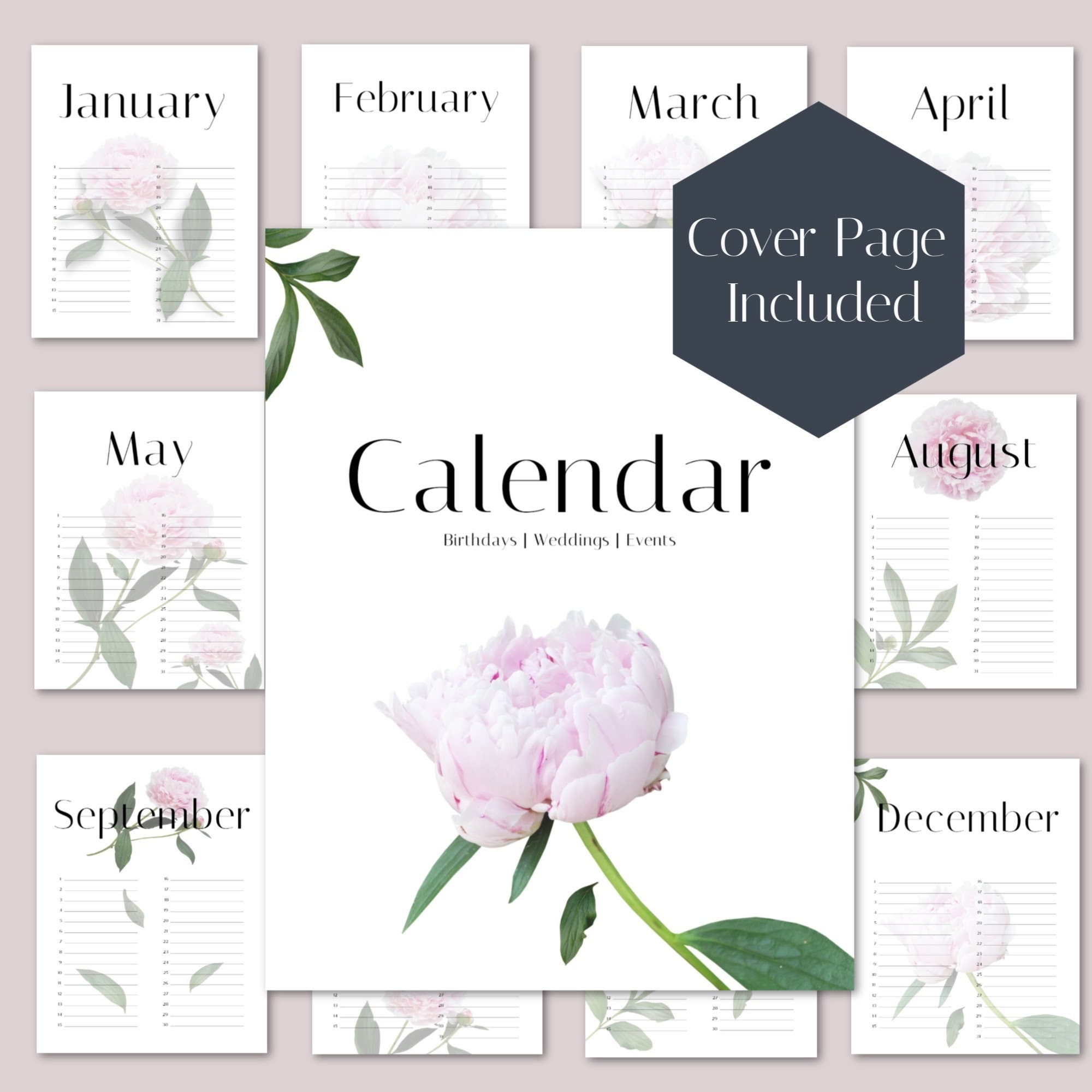PRINTABLE Peony Calendar, Printable Calendar, Peony Flower Design, Wall ...