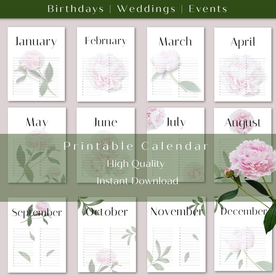 PRINTABLE Peony Calendar Printable Calendar Peony Flower | Etsy