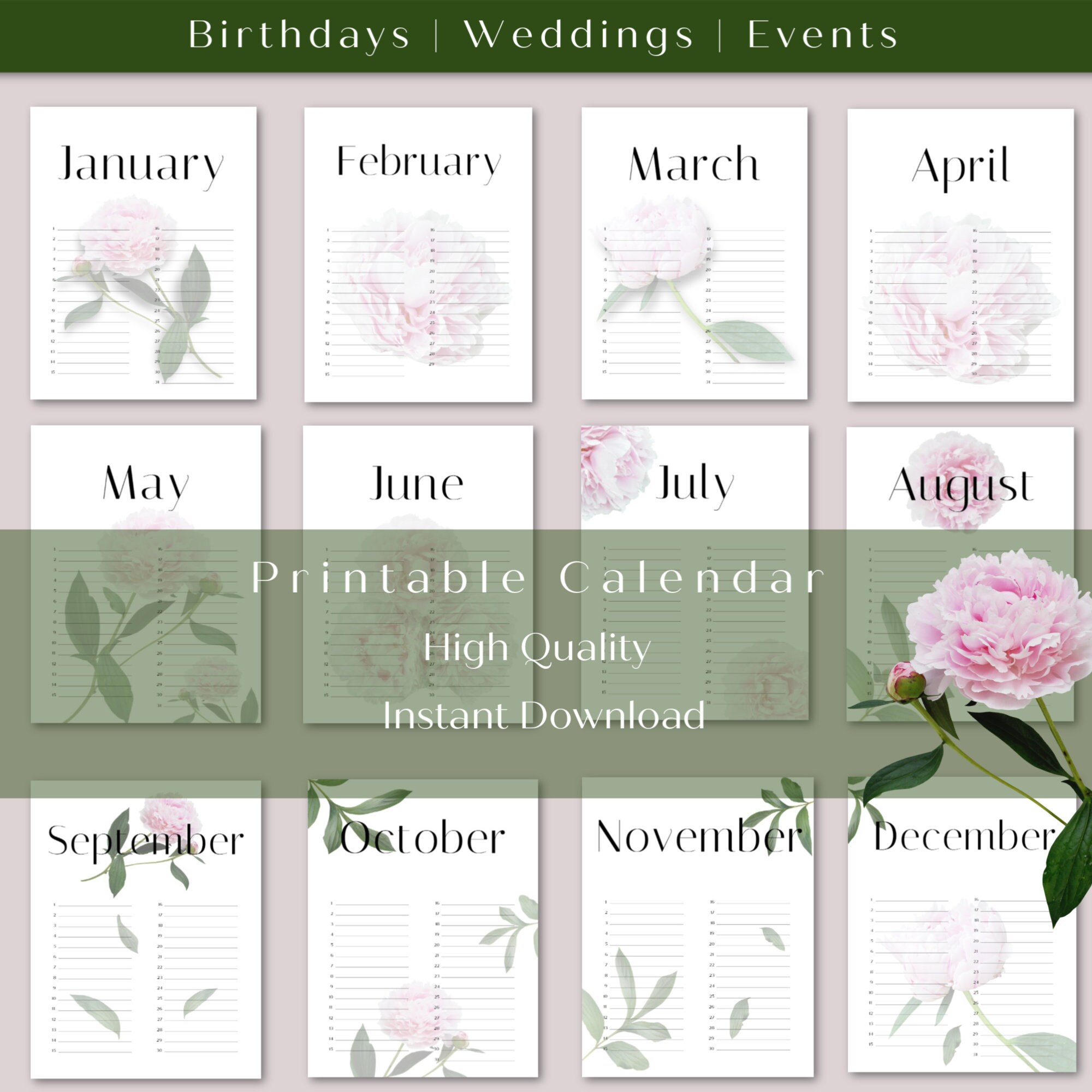PRINTABLE Peony Calendar, Printable Calendar, Peony Flower Design, Wall ...