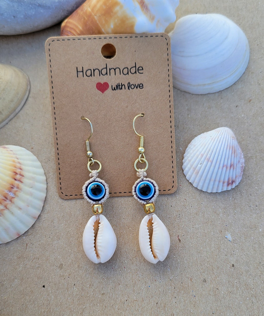 Cowrie Shell & Evil Eye Drop Earrings/delicate Cowry Sea Shells ...