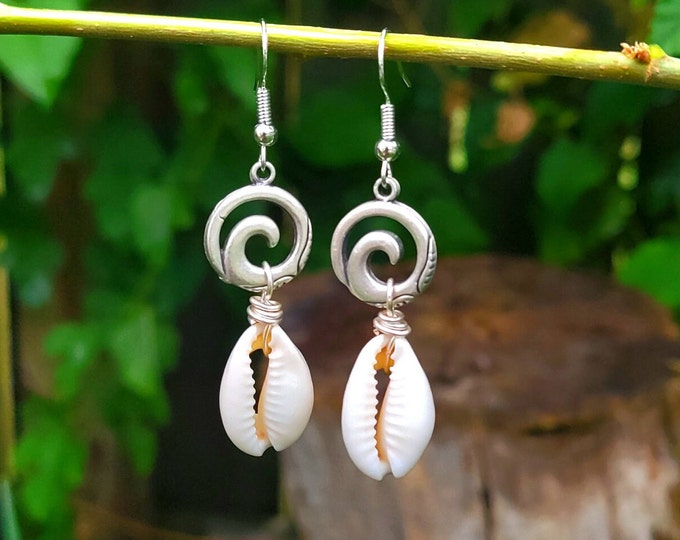 African White Cowrie Shell & Sea Waves Silver Beachy Earrings ...