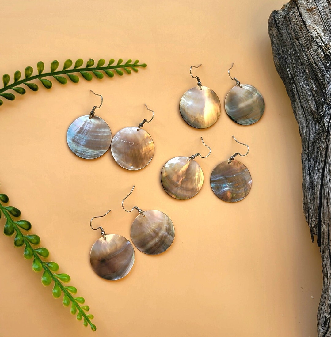 Natural Rainbow White Tan Abalone Lip Shell Disc Earrings/seashell Disk ...