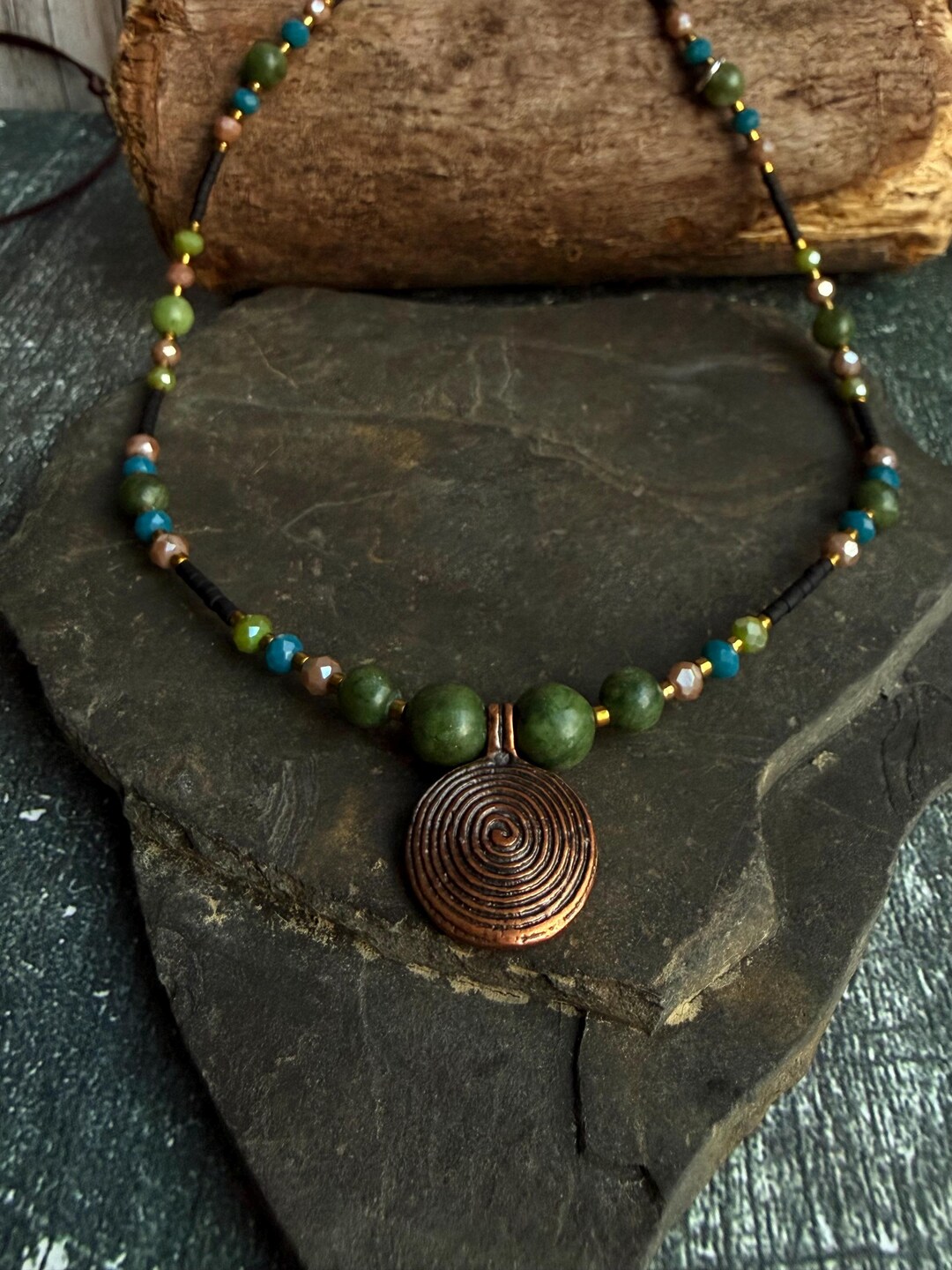 Native American Black Bead Green Jade Dainty Boho Hippie Style Necklace ...