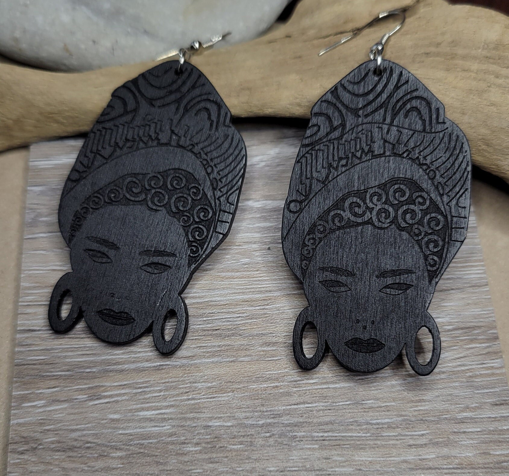 Afro African Woman Silhouette Wooden Earrings/black Girl Head Wrap ...