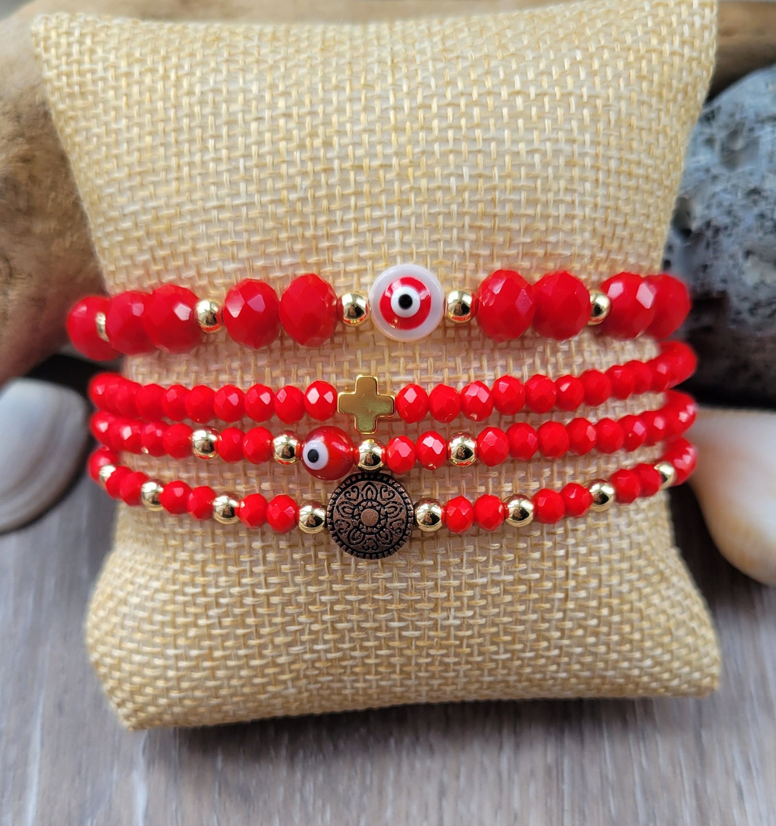 Set of 4 Matching Evil Eye Red Bracelets/tiny Red Beads 3 Strand ...