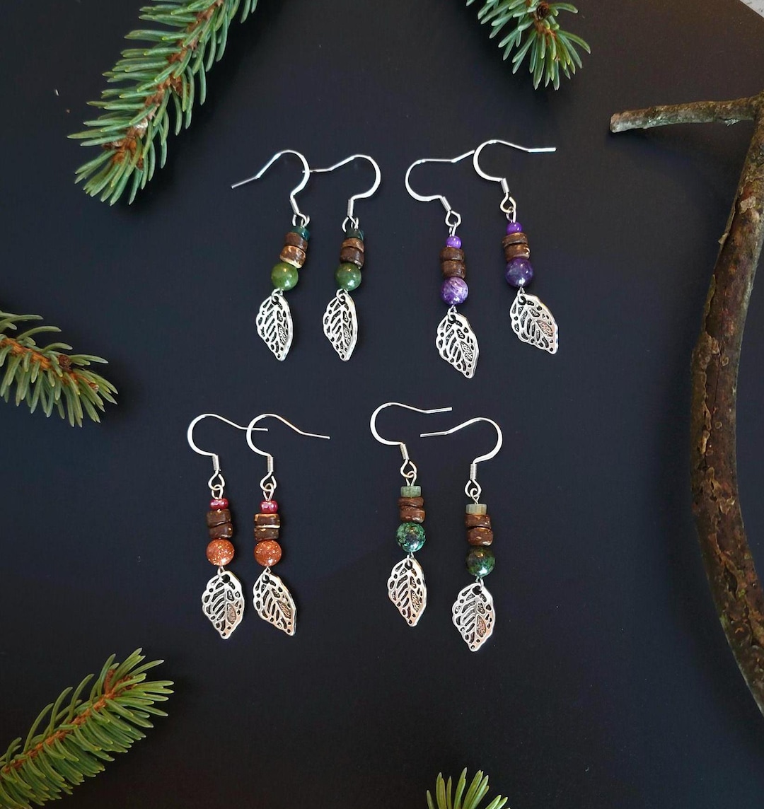 Small Boho Beaded Earthy Leaf Earrings/turquoise & Wood Beaded ...