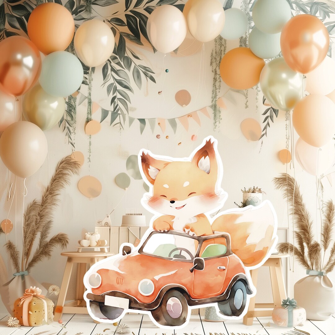 Fox Baby Big Decor Cutout Party Props, Cute Fox Driving Car Birthday ...