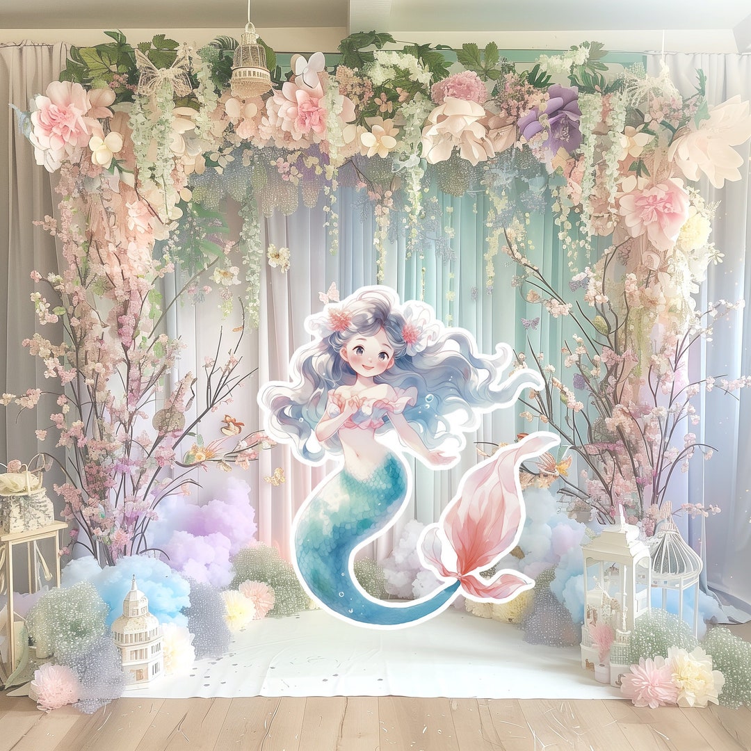 Mermaid Big Decor Cutout, Baby Girl Birthday Standee, Whimsical Floral ...