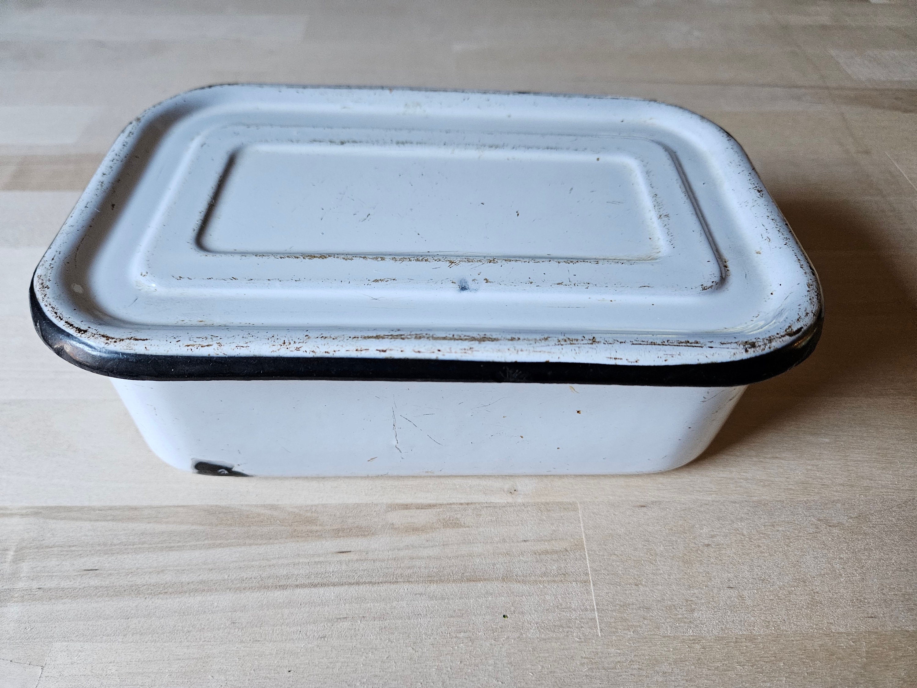 Vintage Enamel Pan, White With Black Trim, Lid, Refrigerator Box - Etsy